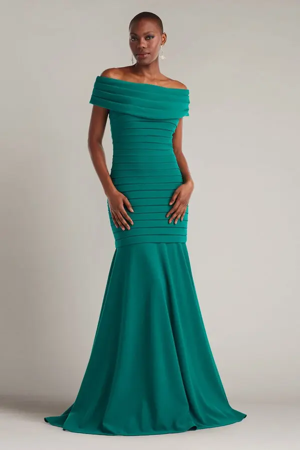 Tadashi Shoji Elisea Shutter-pleated Crepe Off-the-shoulder Gown - Emerald