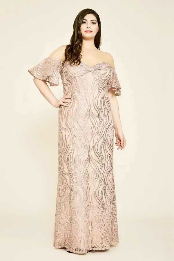 Tadashi Shoji Nerilla Sequin Off-the-shoulder Illusion Gown Plus Size - Black/nude