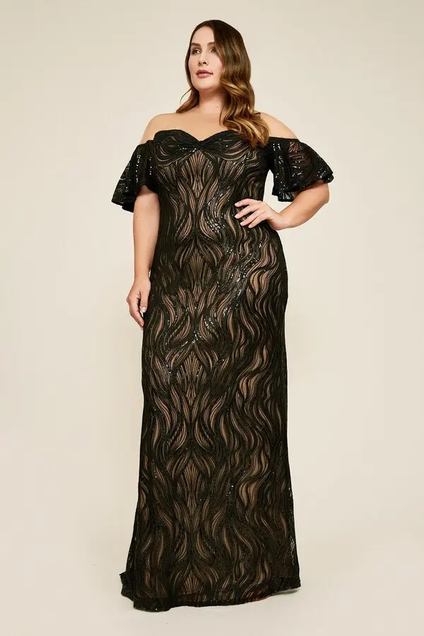 Tadashi Shoji Nerilla Sequin Off-the-shoulder Illusion Gown - Black/nude