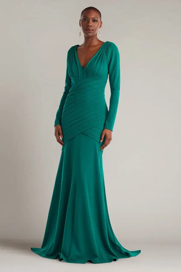 Tadashi Shoji Keris Shutter-pleated Crepe Gown - Emerald