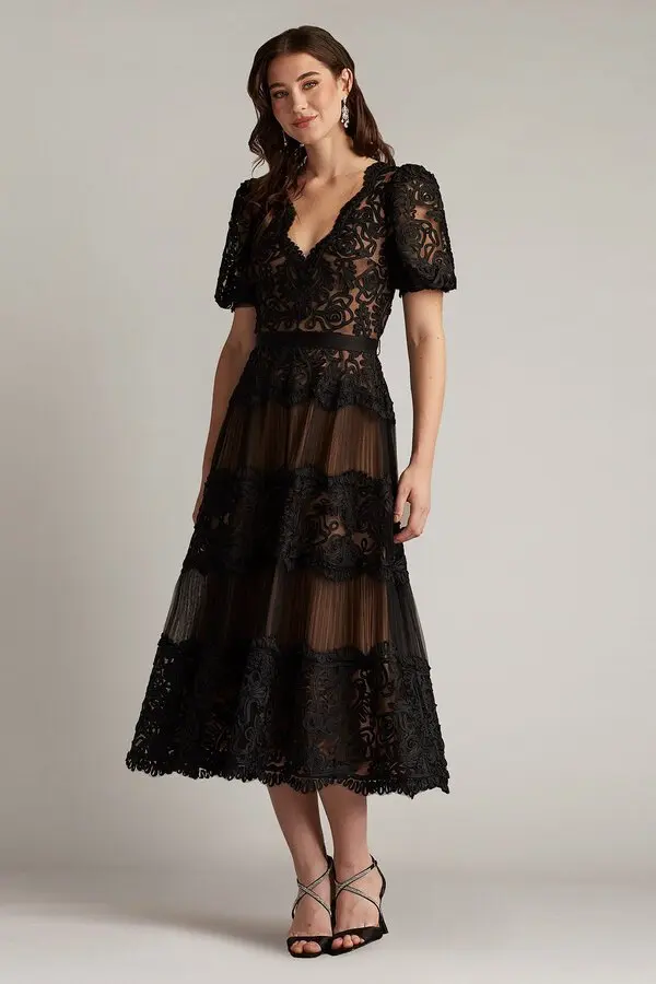 Tadashi Shoji Belline Embroidered Chiffon Midi Dress - Black/nude