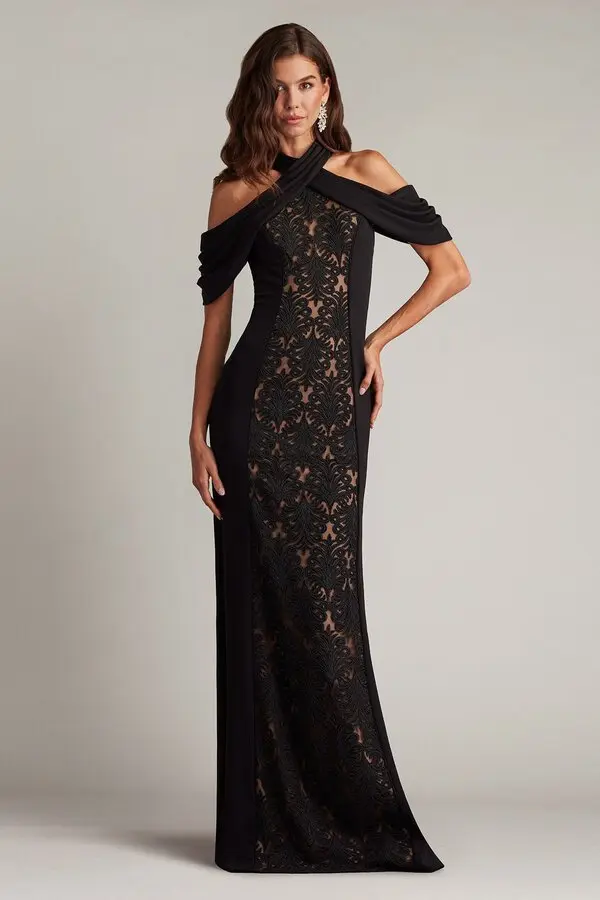 Tadashi Shoji Kato Embroidered Off-shoulder Halter Gown - Black/nude