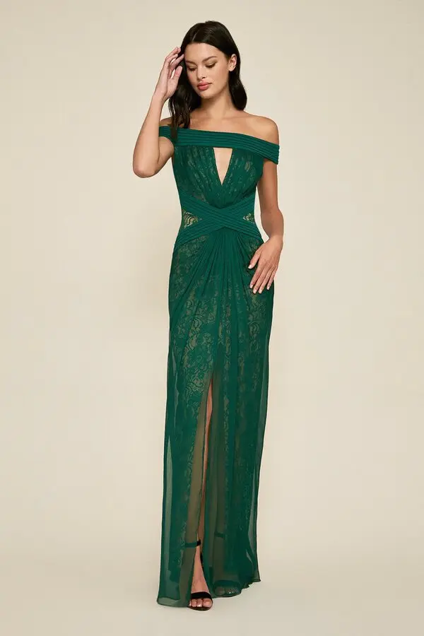 Tadashi Shoji Balbina Lace Chiffon-over Slit Gown - Forest/nude