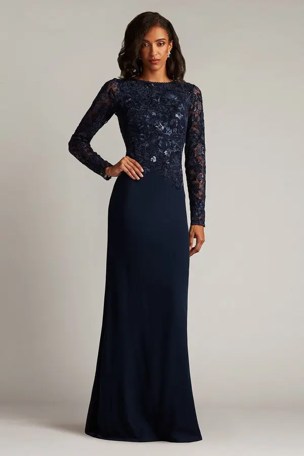 Tadashi Shoji Forena Embroidered Crepe Gown - Navy