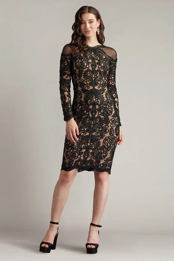 Tadashi Shoji Embroidered Illusion Sheath Dress - Black/nude