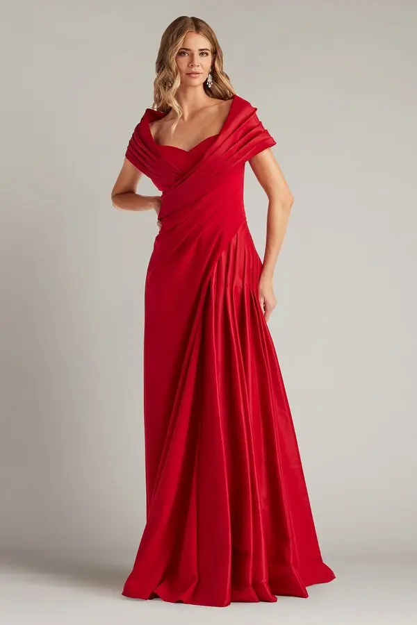 Tadashi Shoji Milica Draped Portrait Collar Gown - Cherry