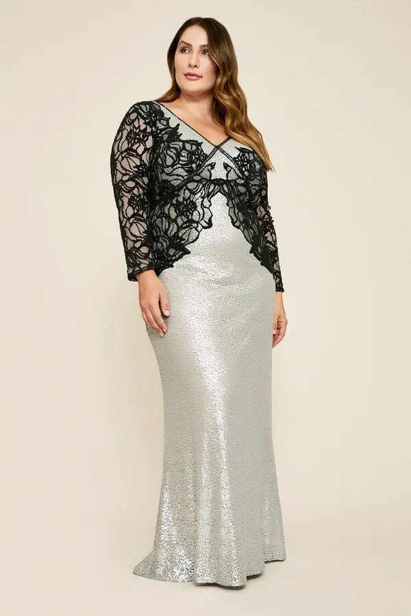 Tadashi Shoji Vulcan Lace Sequin Gown Plus Size - Silver/black