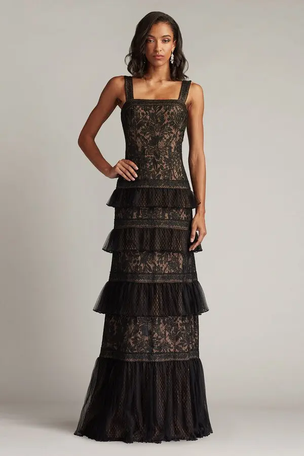 Tadashi Shoji Ruva Tiered Ruffle Embroidered Gown - Black/nude