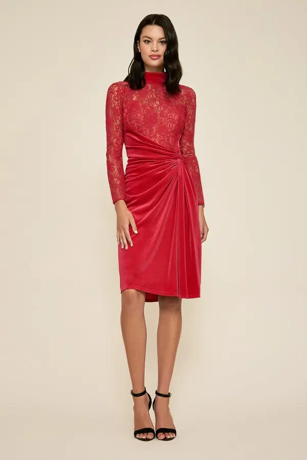 Tadashi Shoji Tatis Long-sleeve Velvet Dress - Cerise/nude