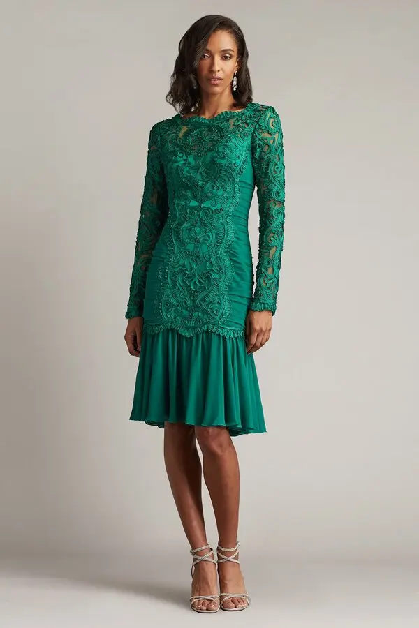 Tadashi Shoji Novara Embroidered Lace Skater Dress - Emerald