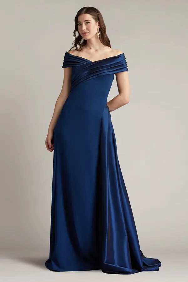 Tadashi Shoji Elysian Draped Overlay Train Gown - Navy