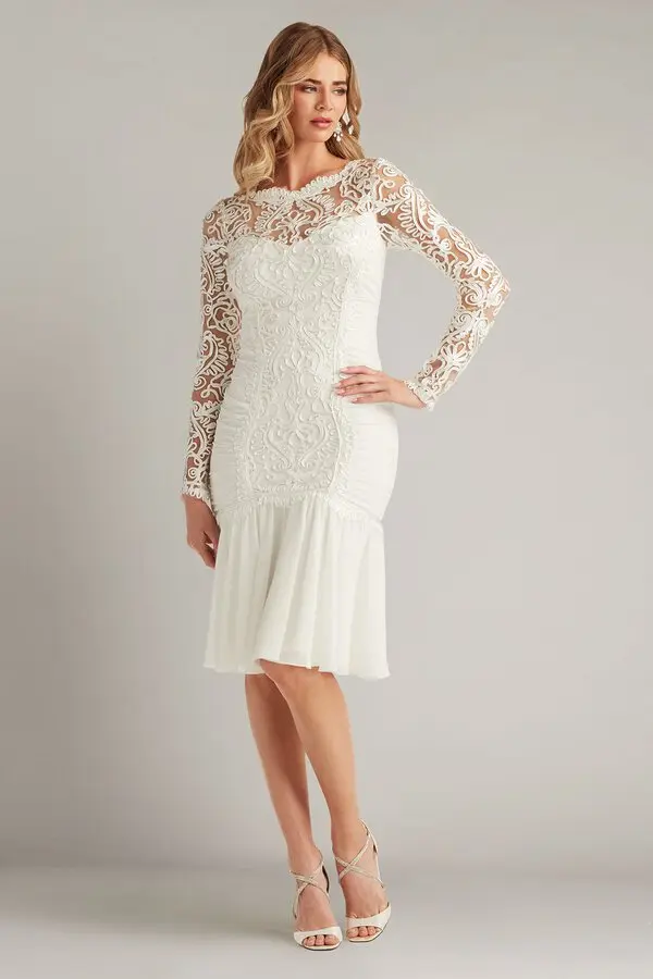 Tadashi Shoji Novara Embroidered Lace Illusion Neck Long Sleeve Skater Dress - Ivory