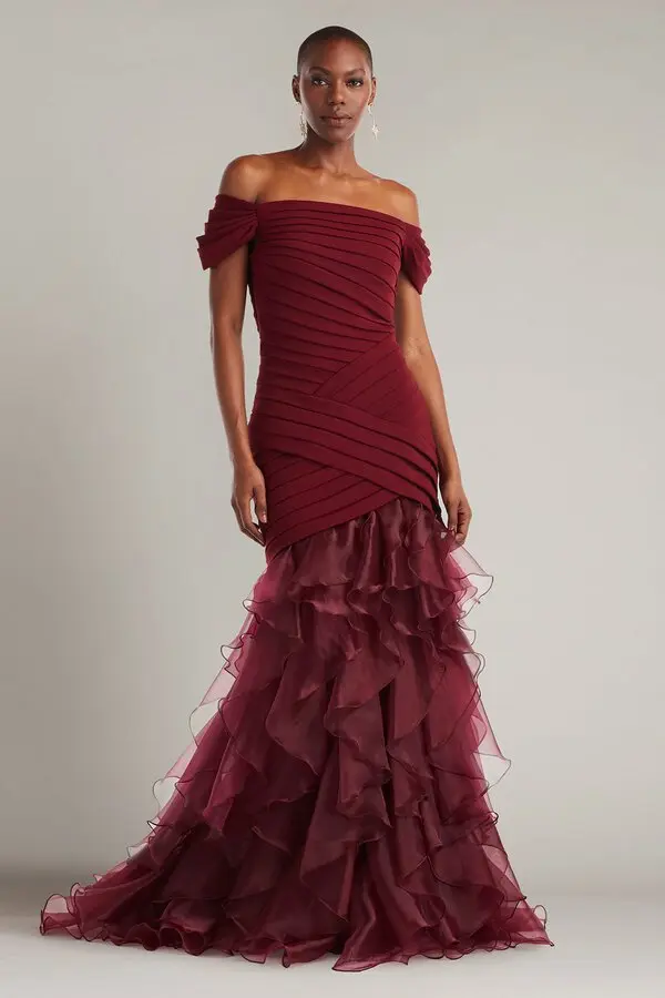 Tadashi Shoji Vail Shutter-pleated Crepe And Organza Gown - Cinnamon