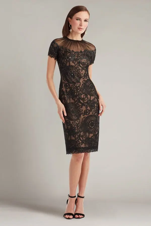 Tadashi Shoji Sable Embroidered Tulle Sheath Dress - Black/nude