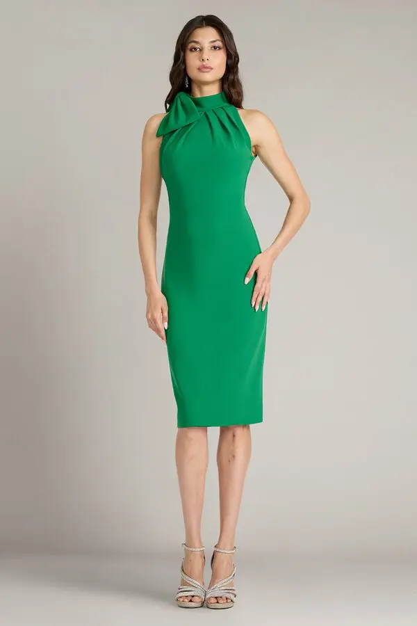 Tadashi Shoji Textured Crepe Shoulder Bow Halter Dress - Bamboo