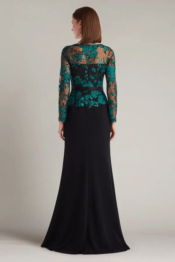 Tadashi Shoji Embroidered Illusion Gown - Emerald/black