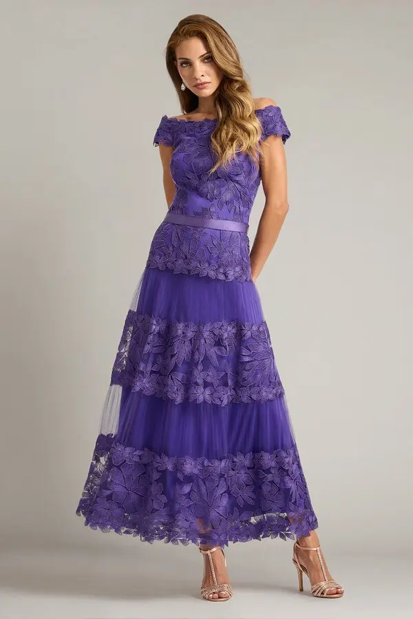 Tadashi Shoji Adriane Floral Embroidered Tea-length Dress - Deep Amethyst