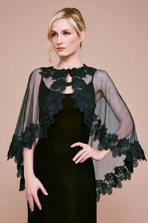 Tadashi Shoji Berio Lace & Mesh Capelet - Navy
