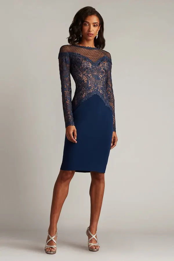 Tadashi Shoji Lisette Embroidered Illusion Dress - Navy/nude