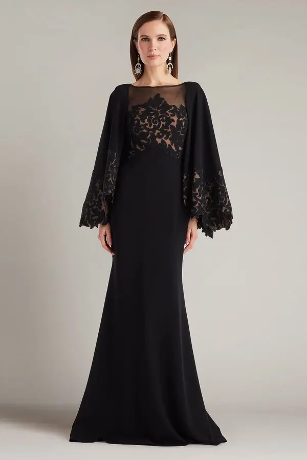 Tadashi Shoji Delgado Laser-cut Capelet Gown - Black/nude