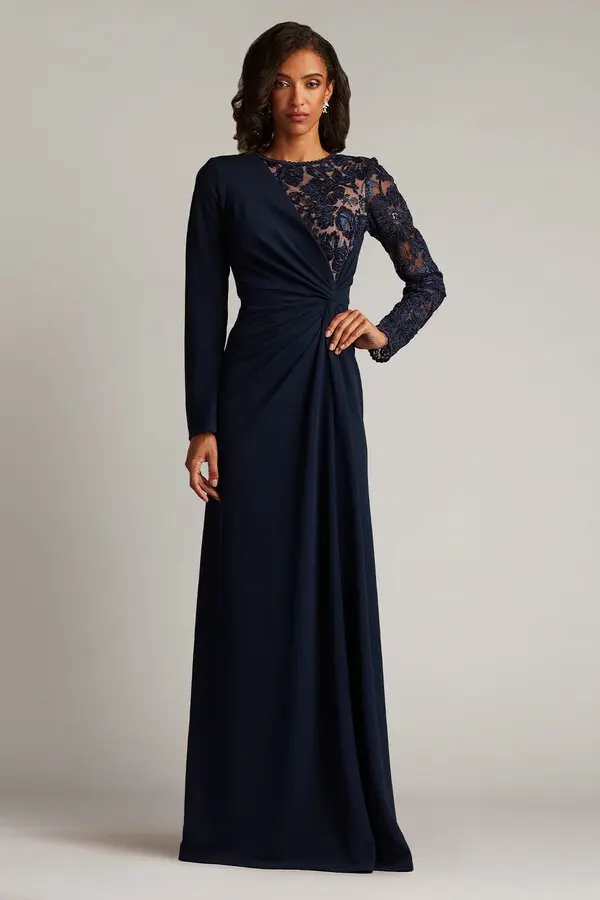 Tadashi Shoji Devika Embroidered Twist-drape Gown - Navy/nude