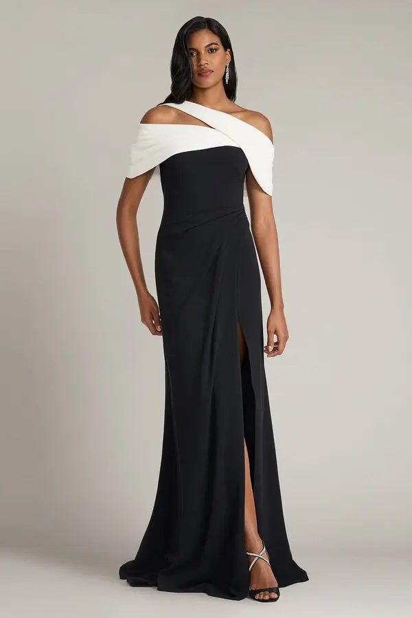 Tadashi Shoji Sumit One-shoulder Drape Gown - Black/ivory
