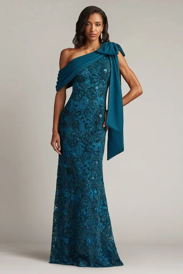 Tadashi Shoji Ishani Bow-shoulder Gown - Cerulean