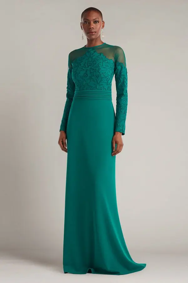 Tadashi Shoji Sinclair Embroidered Crepe Gown - Emerald
