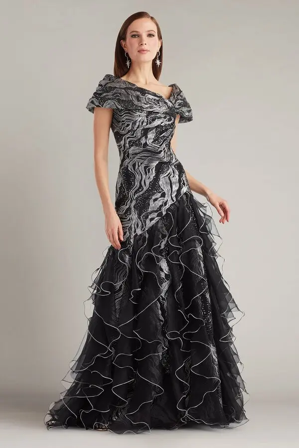 Tadashi Shoji Cosmina Stardust Motif Ruffle Gown - Silver/black