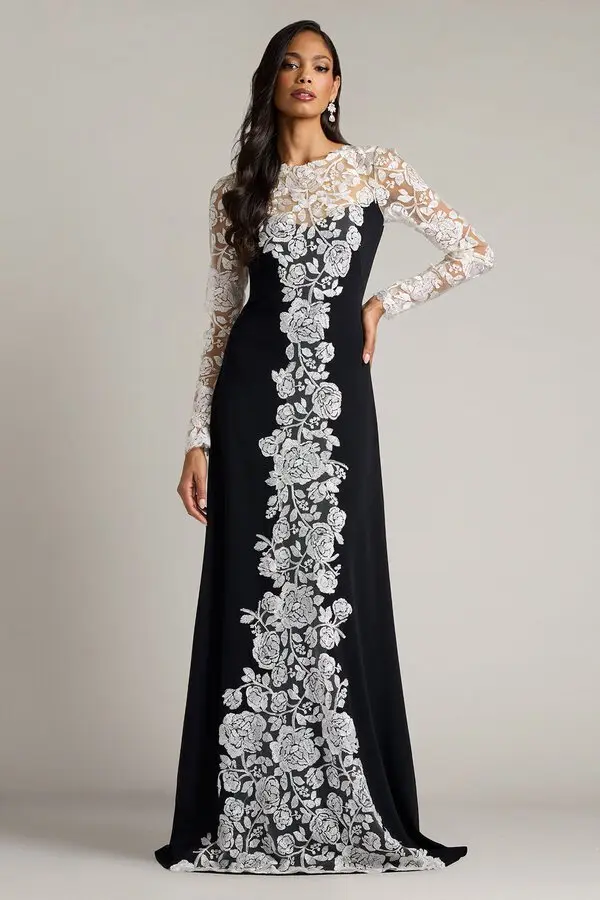 Tadashi Shoji Kalico Embroidered Illusion Gown - Ivory/black