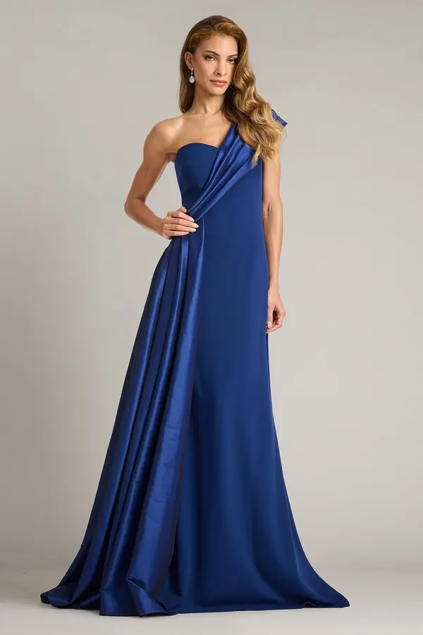 Tadashi Shoji Beis Draped One-shoulder Gown - Navy