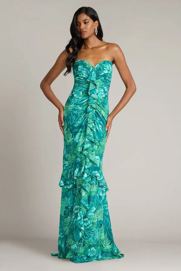 Tadashi Shoji Cleta Foliage Print Cascading Ruffle Gown - Emerald Green/multi