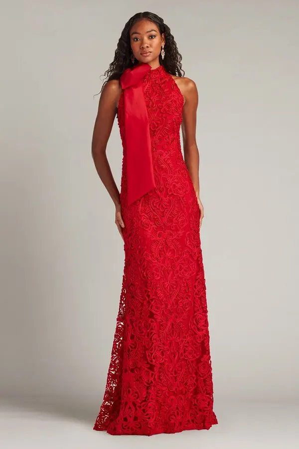 Tadashi Shoji Iria Shoulder Bow Lace Halter Gown - Cherry