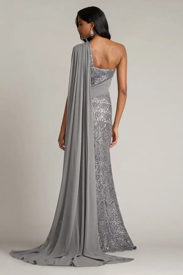 Tadashi Shoji Eamon Draped Sleeve Sequin Embroidered Gown