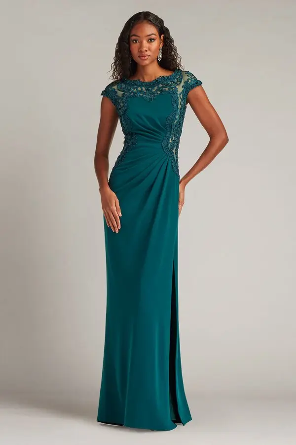 Tadashi Shoji Johari Embroidered Illusion Gown - Tea Leaf