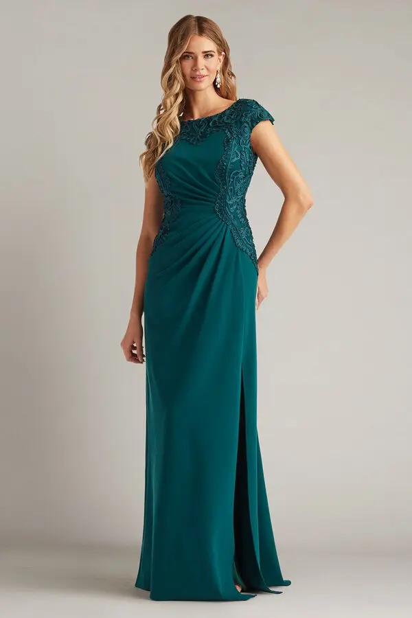 Tadashi Shoji Johari Embroidered Illusion Gown - Tea Leaf