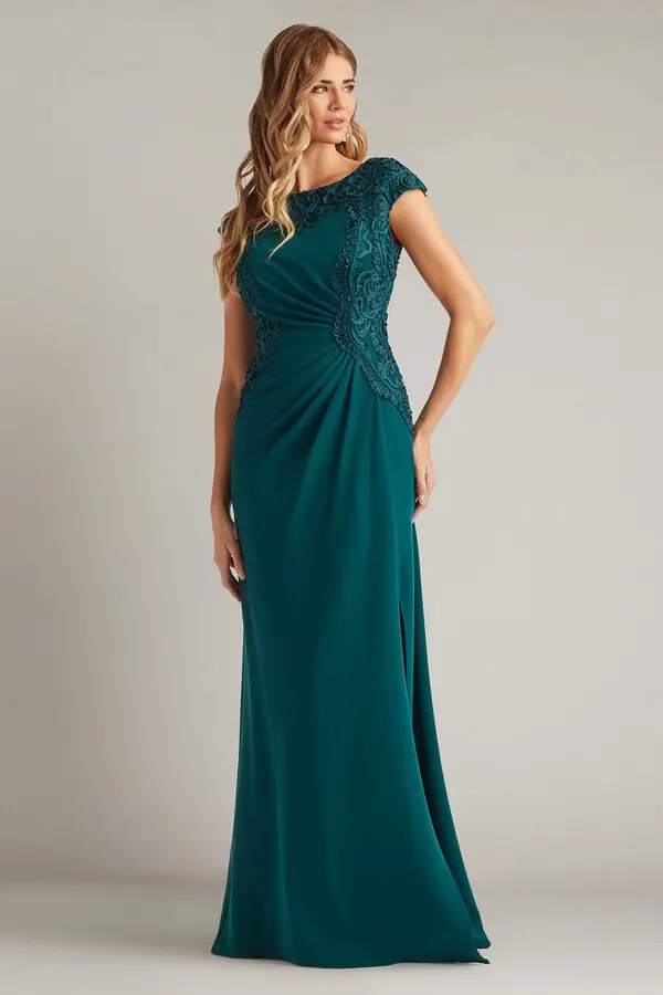 Tadashi Shoji Johari Embroidered Illusion Gown - Tea Leaf