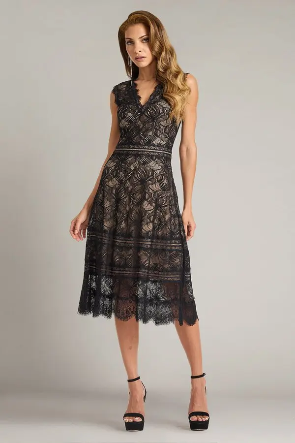 Tadashi Shoji Ralla Orchid Lace Dress - Black/nude
