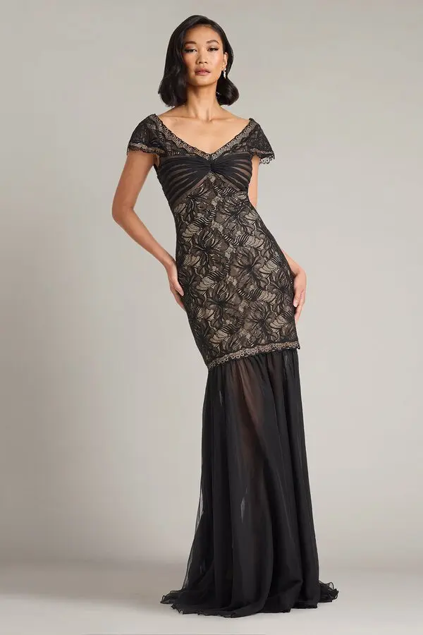 Tadashi Shoji Sedora Orchid Lace Gown - Black/nude