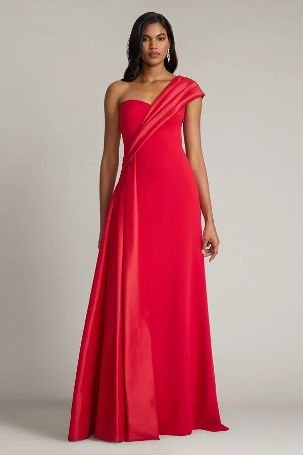 Tadashi Shoji Beis Draped One-shoulder Gown - Cherry