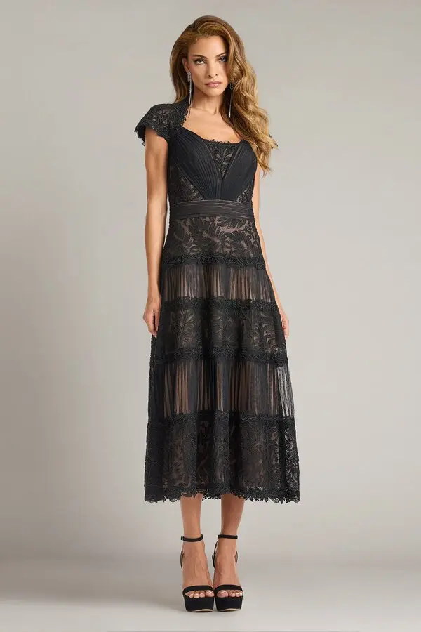 Tadashi Shoji Boette Lace Tea-length Dress - Black/nude