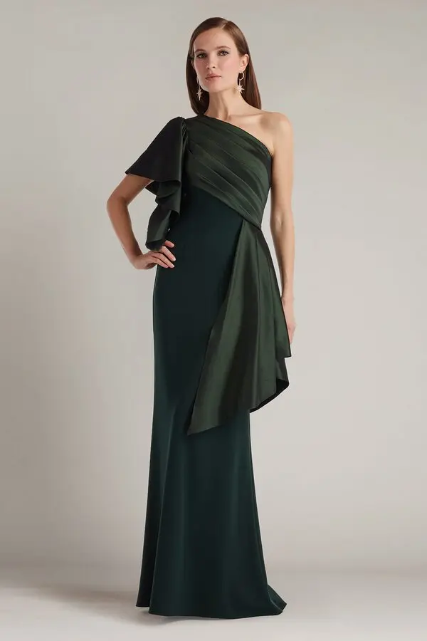 Tadashi Shoji Santa Fe Draped Flounce Gown - Dark Forest