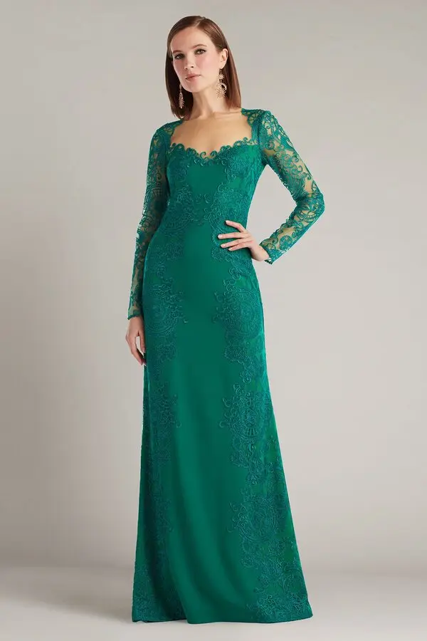 Tadashi Shoji Regal Embroidered Timepiece Lace Gown - Emerald