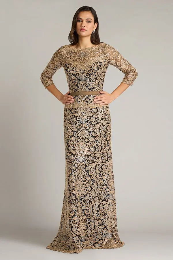 Tadashi Shoji Aziza Sequin Embroidered Tulle Gown - Copper Shadow/black