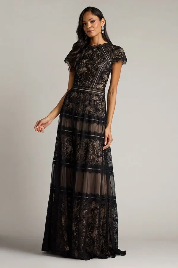 Tadashi Shoji Ahern Orchid Lace Gown - Black/nude
