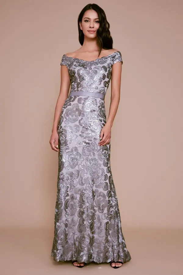 Tadashi Shoji Dominica Sequin Embroidered Gown - Slate