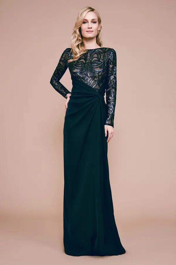 Tadashi Shoji Amir Long-sleeve Crepe Sequin Gown - Navy/nude