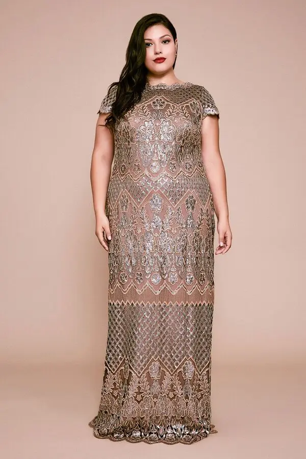 Tadashi Shoji Faris Sequin Embroidered Gown Plus Size - Copper/rose