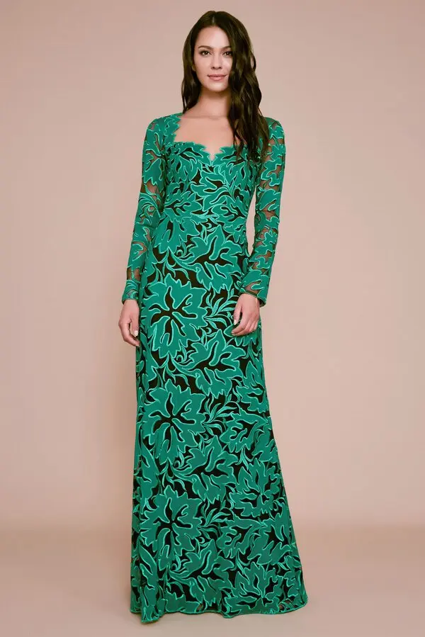 Tadashi Shoji Yarrow Floral Applique Evening Gown - Moss/black