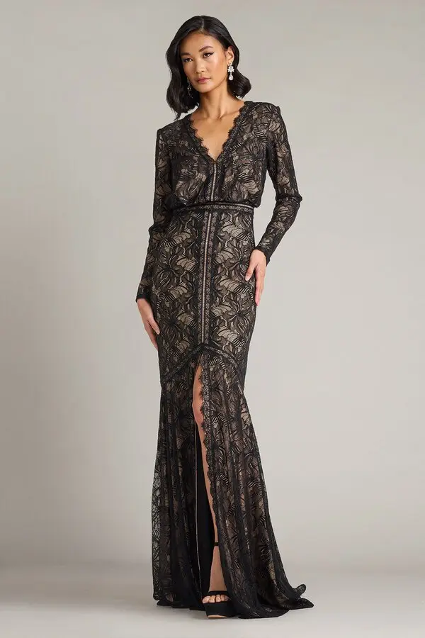 Tadashi Shoji Orchid Lace Gown - Black/nude